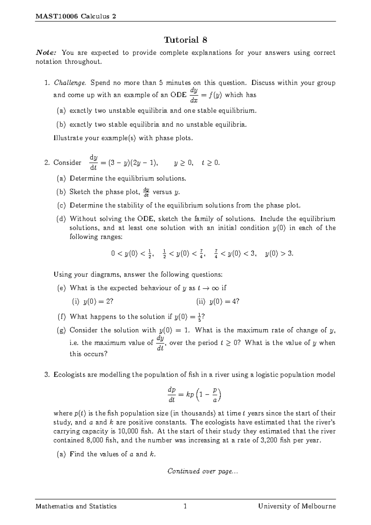 MAST10006 week 8 tutorial questions and solutions - Tutorial 8 Note ...