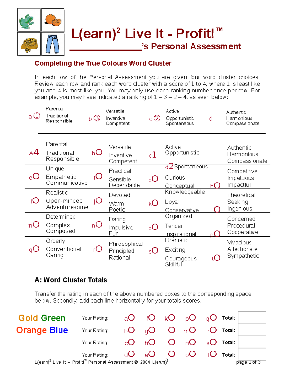 True Colors Word Cluster Handout - L(earn) 2 Live It – Profit ...