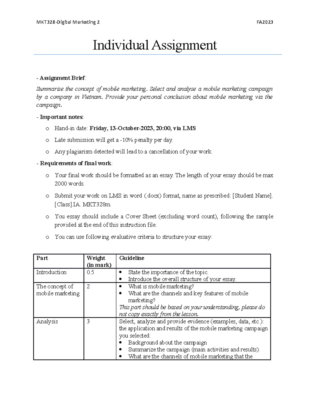 MKT328m-Individual Assignment - FA23 - MKT328-Digital Marketing 2 FA ...