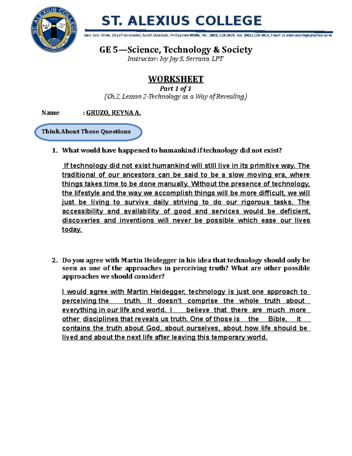 1-Worksheet-Technology as a Way of Revealing - ST. ALEXIUS COLLEGE GE 5 ...
