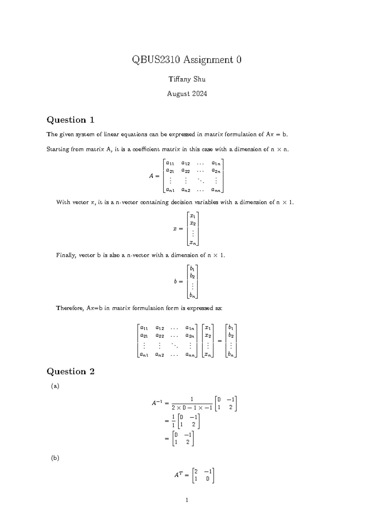 QBUS2310 Assignment 0 - Starting from matrix A, it is a coefficient ...