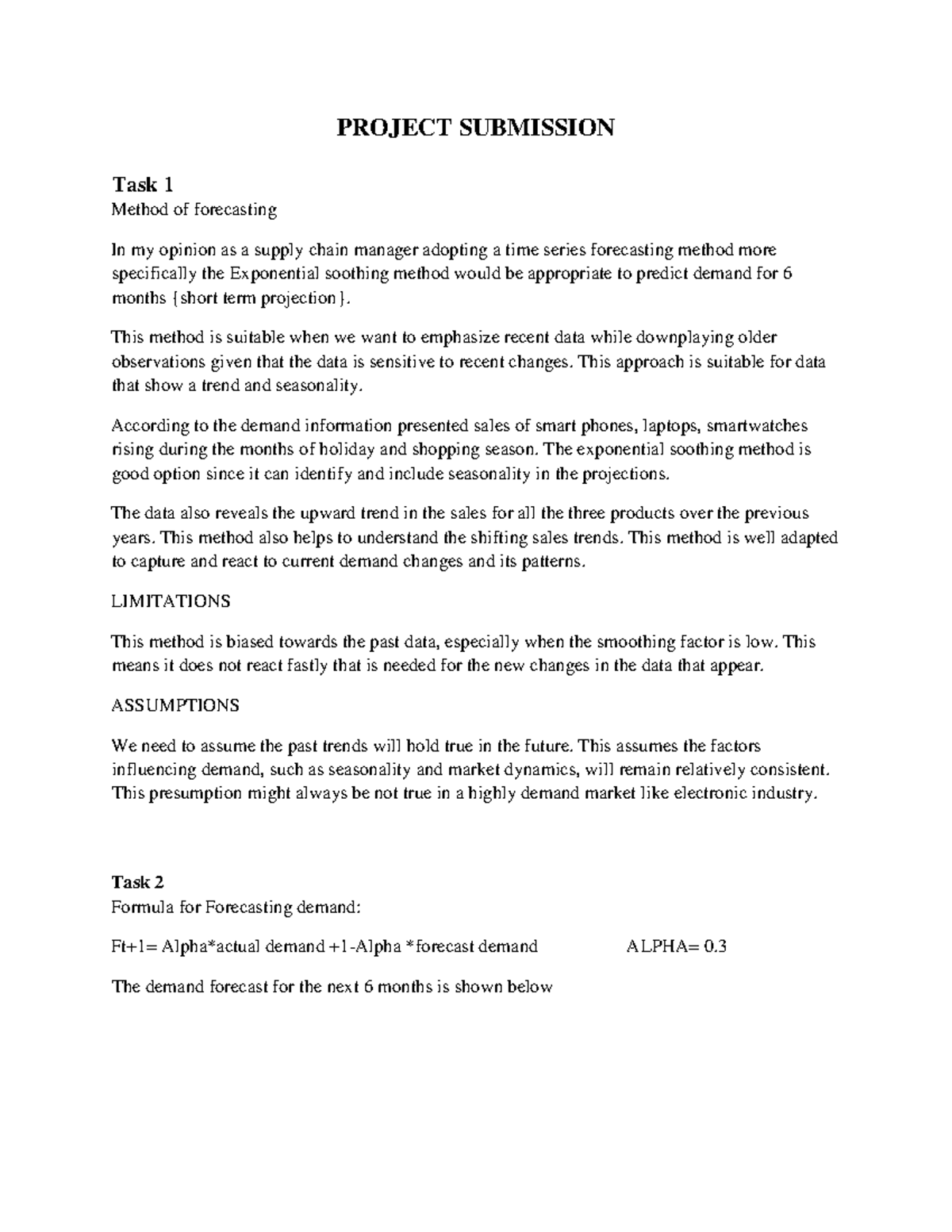 Opscm Project Sakshi-Uplanchiwar - PROJECT SUBMISSION Task 1 Method of forecasting In my opinion ...