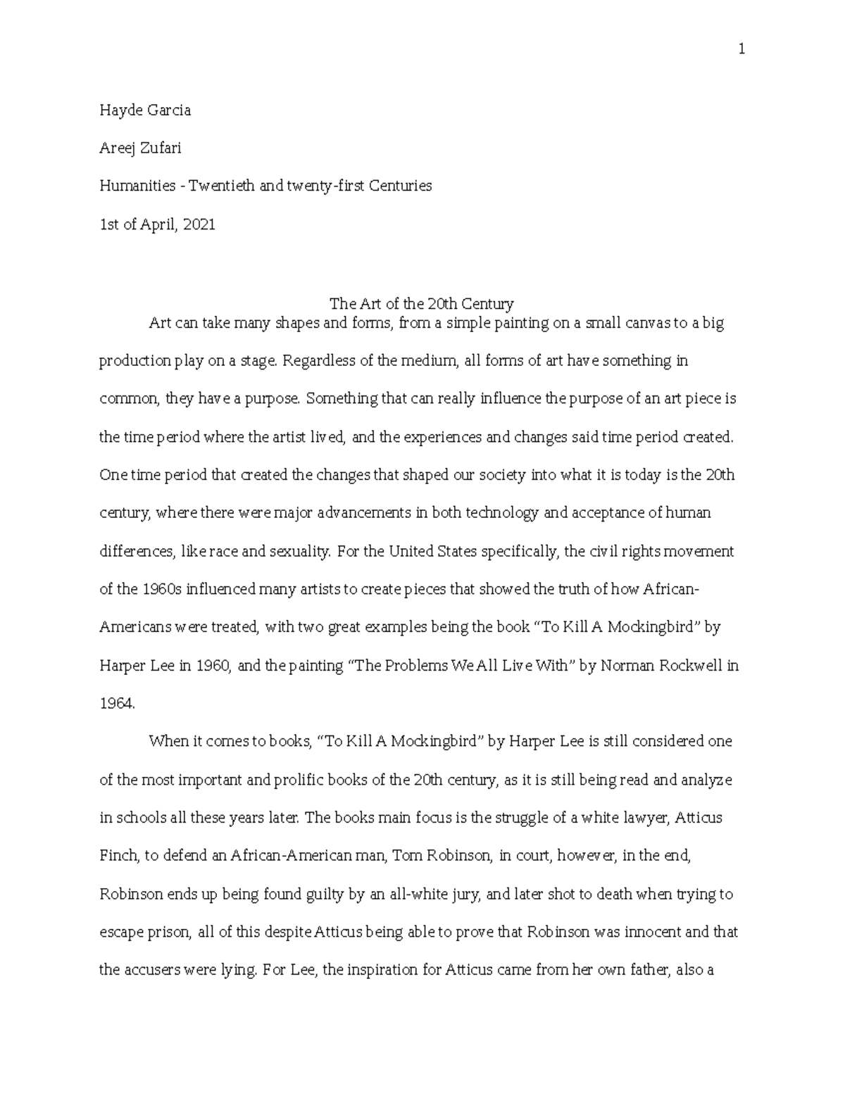 Humanities Essay - Hayde Garcia Areej Zufari Humanities - Twentieth and ...