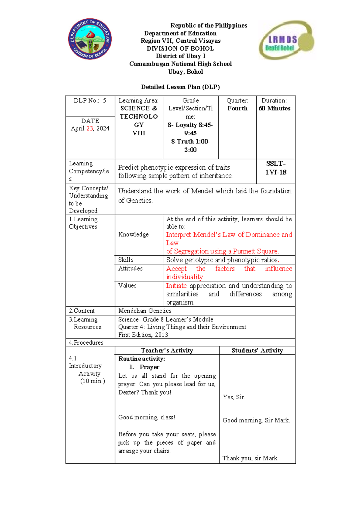 5th DEMO DLP Science 8 WK3 D2 - Department of Education Region VII ...