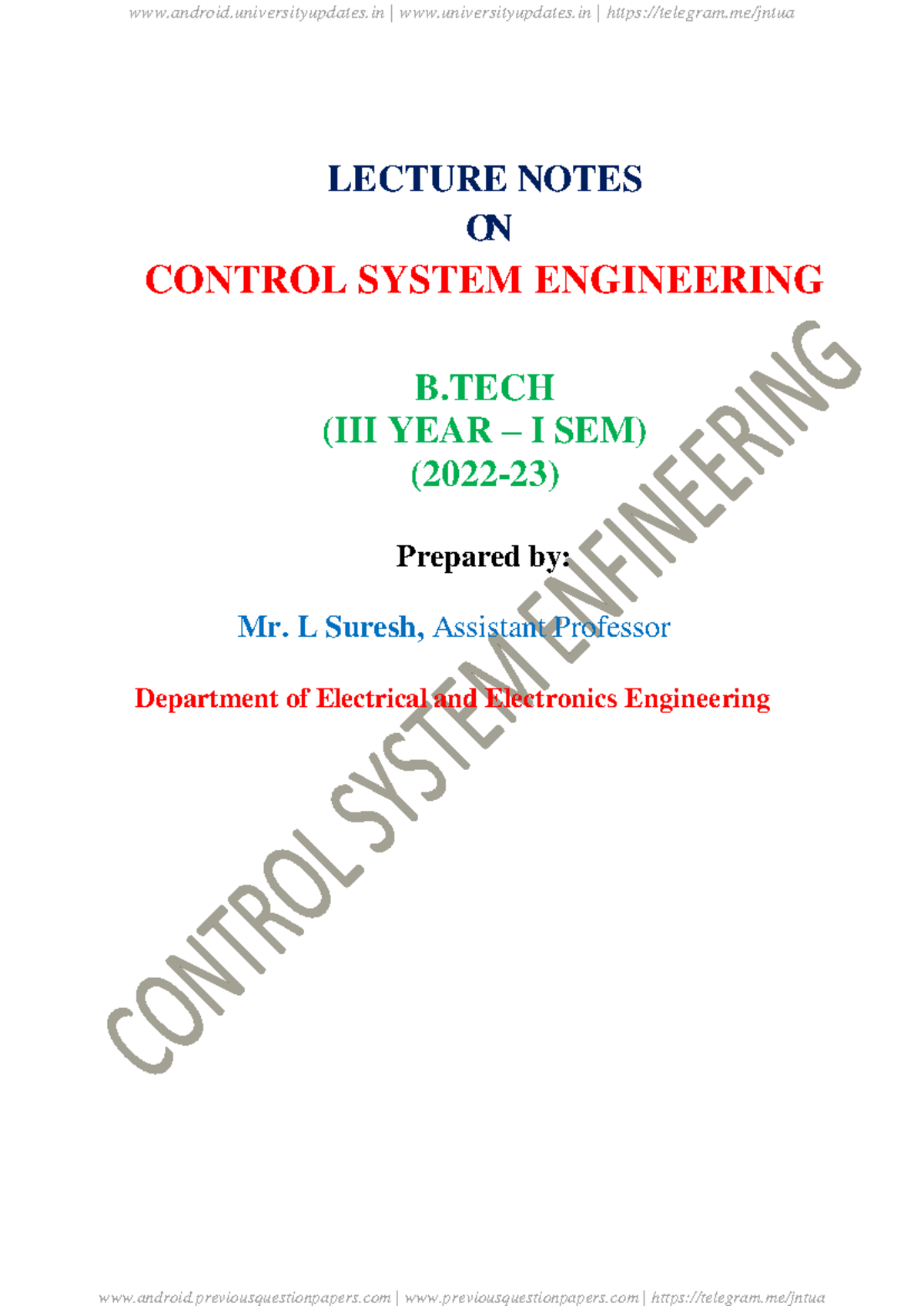 Jntua Control Systems Engineering Notes - R20 - LECTURE NOTES ON ...