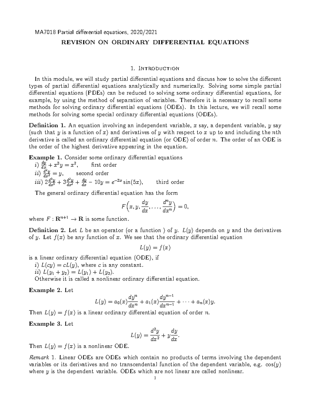 Lecture notes 1 ODE - PDE's - MA7018 Partial differential equations ...