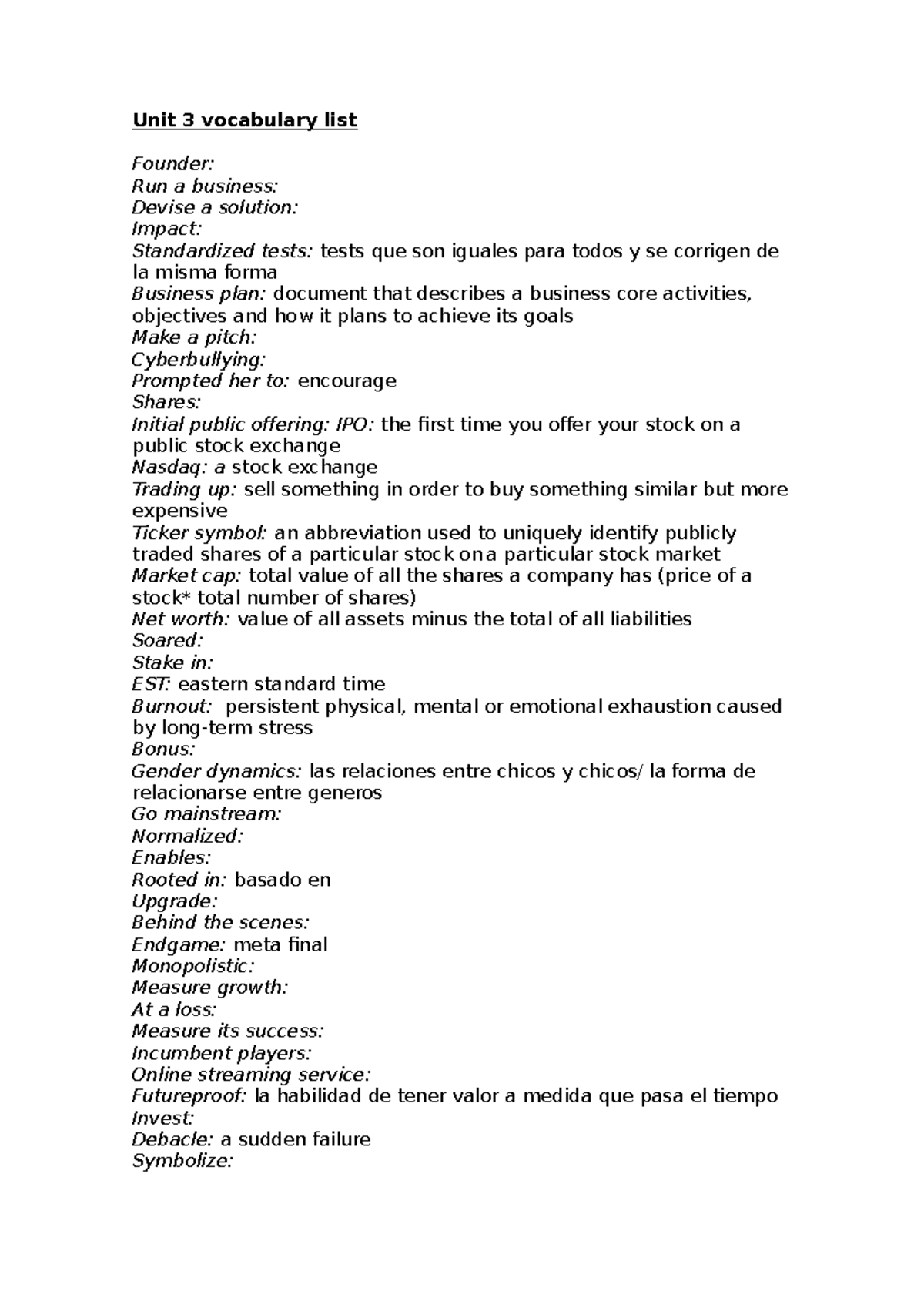 Unit 3 vocabulary list - Vocabulario - Unit 3 vocabulary list Founder ...