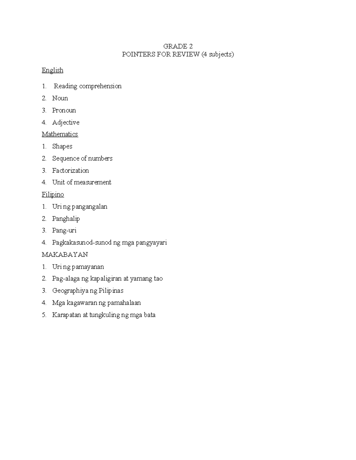 Grade 2 - Bachelor of Secondary Education - GRADE 2 POINTERS FOR REVIEW ...