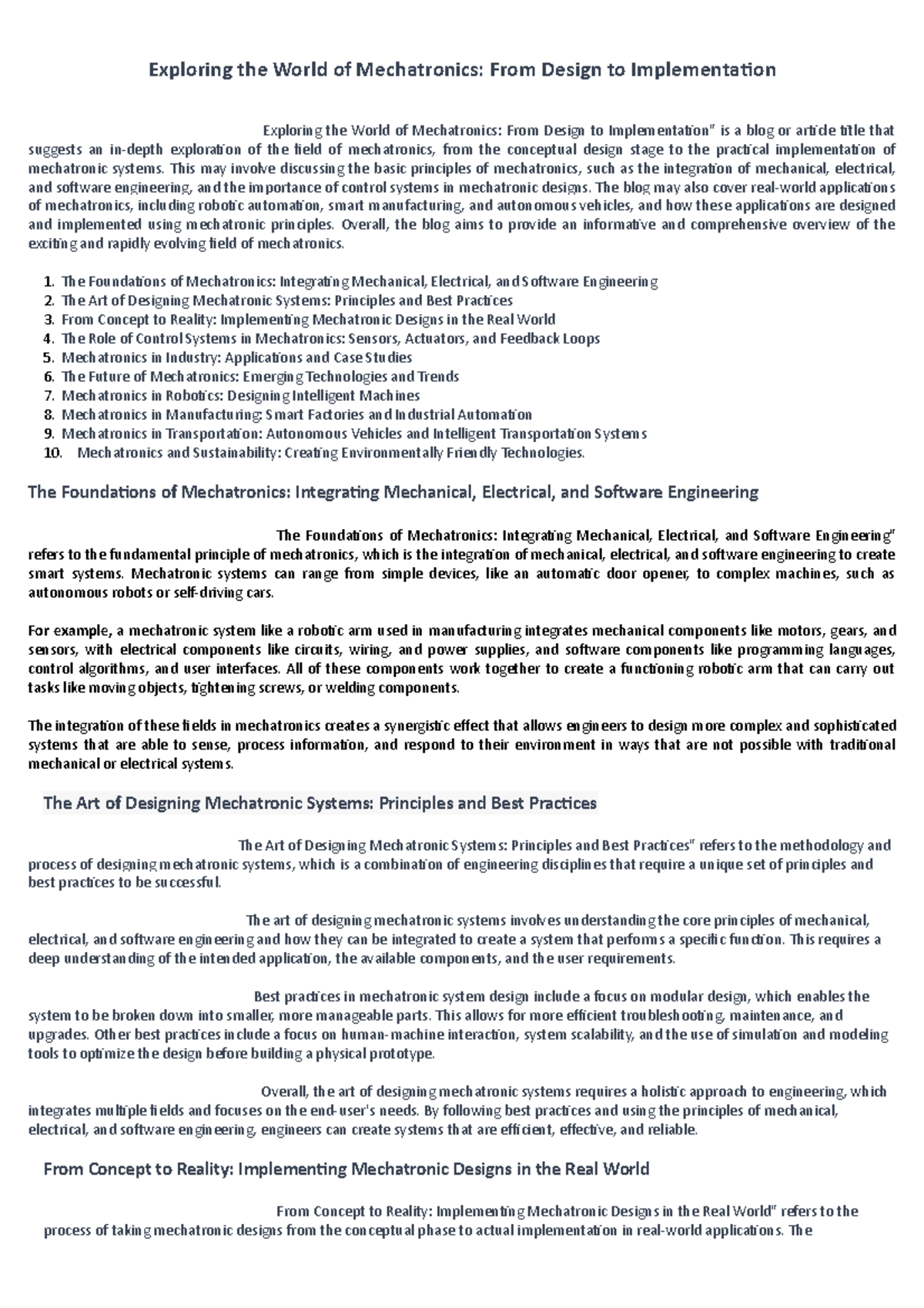 Exploring the World of Mechatronics - This may involve discussing the ...