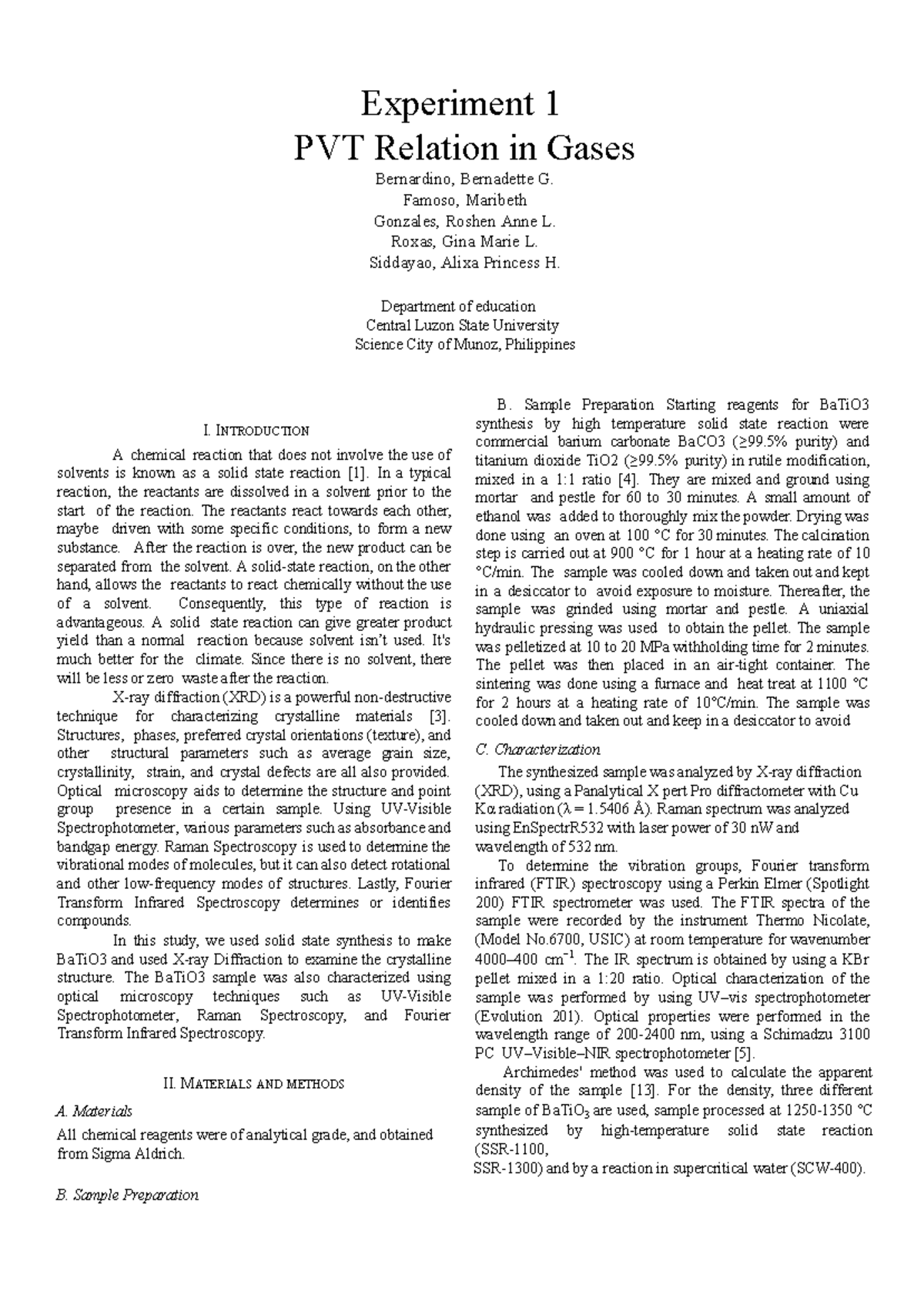 Experiment 1- PVT Relations in Gases - Experiment 1 PVT Relation in ...
