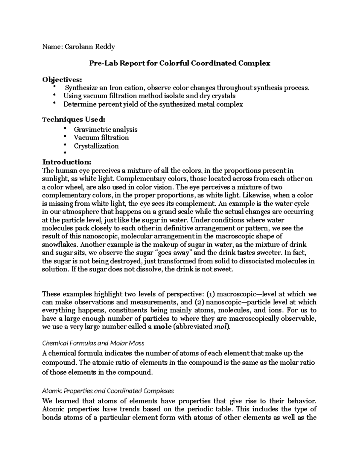 Chem.1411-Pre Lab#9 - HW for Pre Lab - Name: Carolann Reddy Pre-Lab Report for Colorful ...