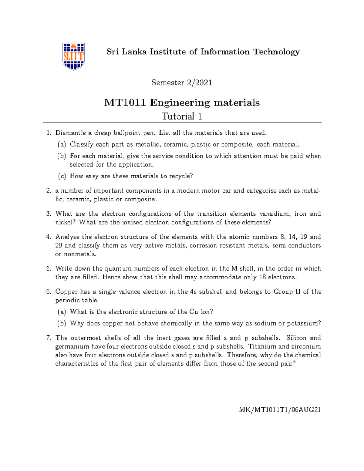 Tute1 MT1011 material engineering - Sri Lanka Institute of Information ...