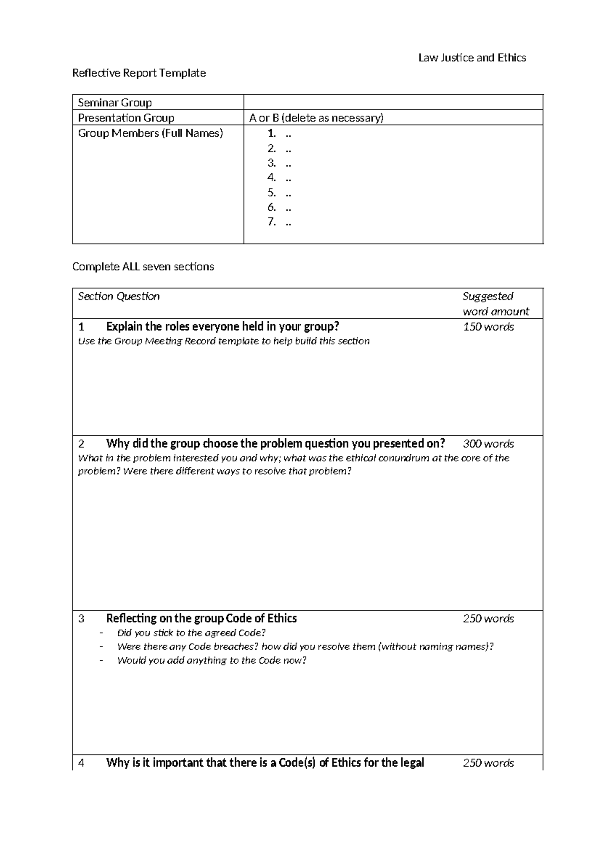 LJE Reflective Report Template-1 - Law Justice and Ethics Reflective ...