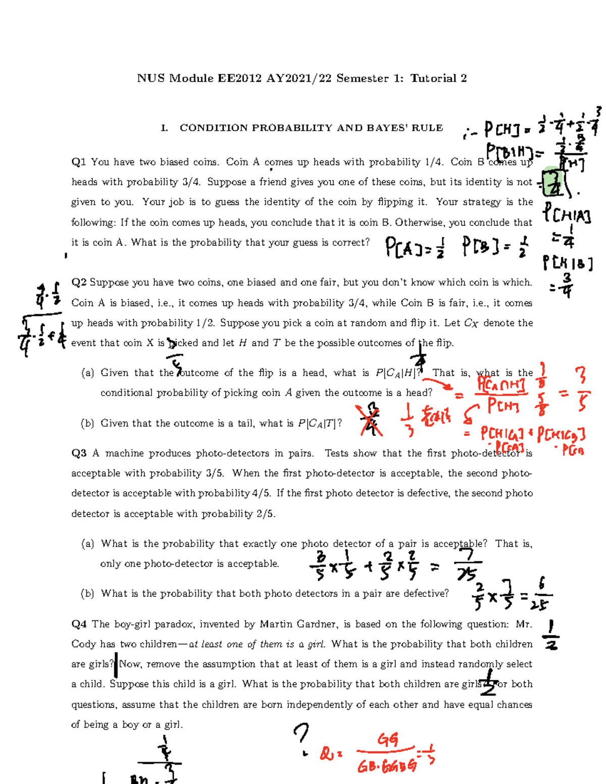 EE2012 Tutorial 2 - NUS Module EE2012 AY2021/22 Semester 1: Tutorial 2 I. CONDITION PROBABILITY ...