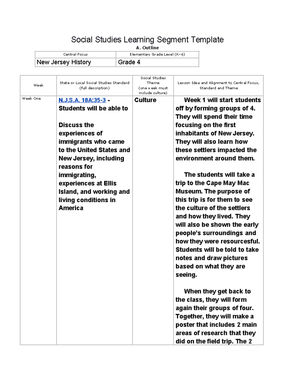 Elementary Social Studies Methods - Social Studies Learning Segment ...