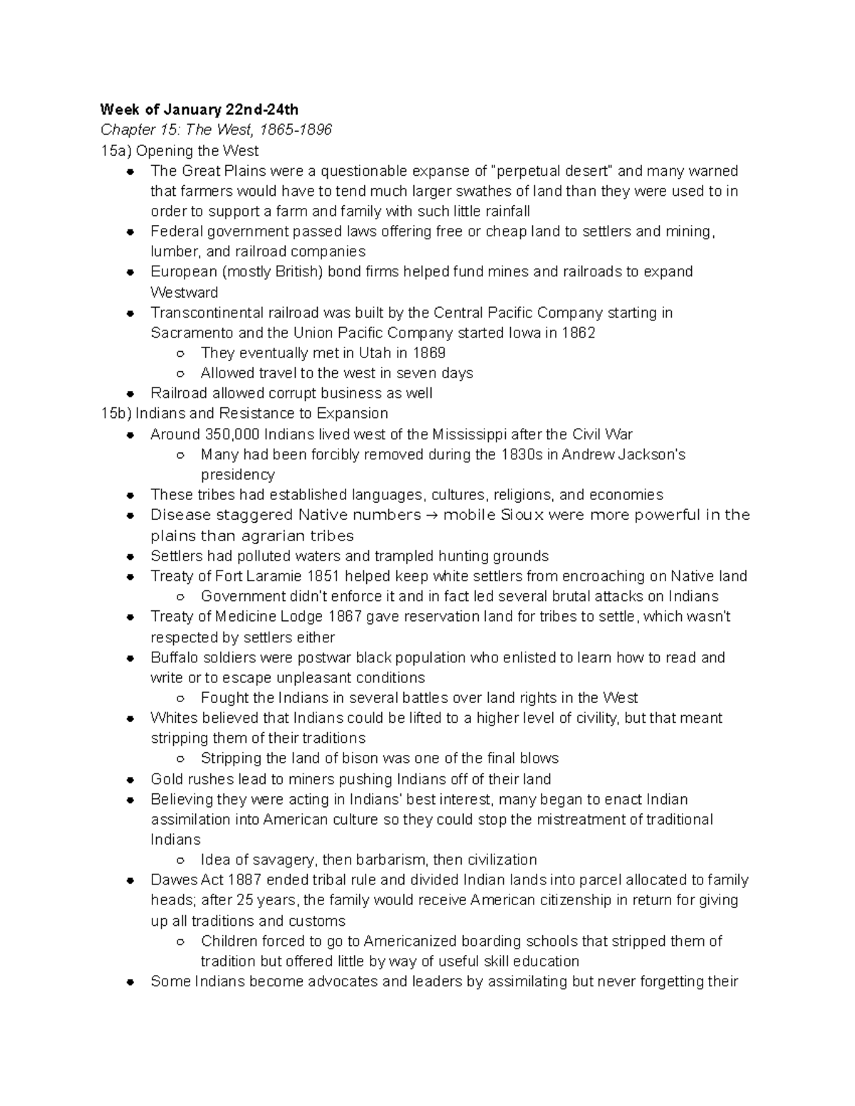 HIST Chp. 15 Notes - Week of January 22nd-24th Chapter 15: The West ...