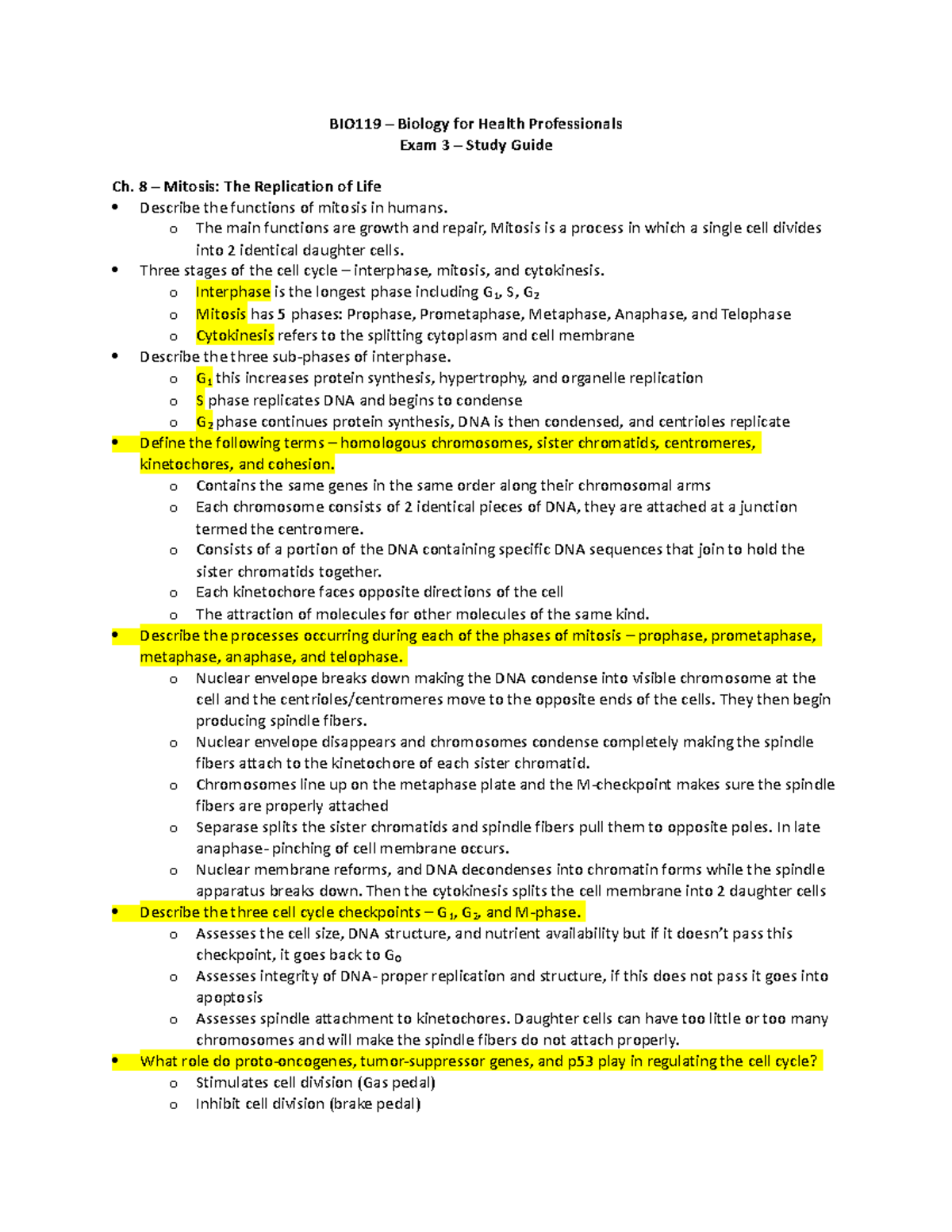 BIO119 - Exam 3 - Study Guide - BIO119 – Biology for Health ...