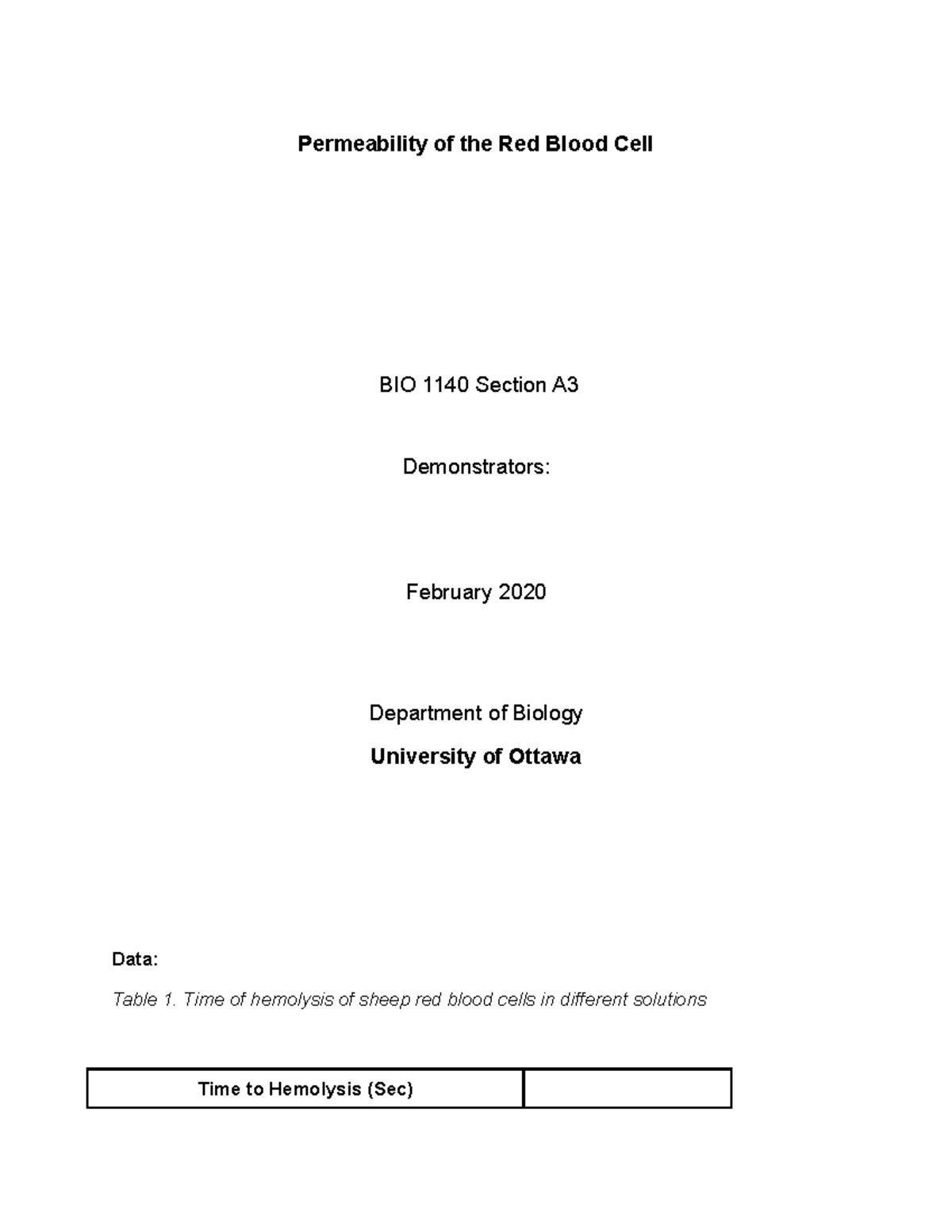 Permeability of the Red Blood Cell LAB REPORT - Permeability of the Red ...