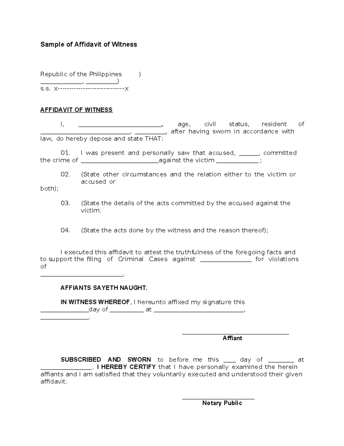 Affidavit of Witness-sample - Sample of Affidavit of Witness Republic ...