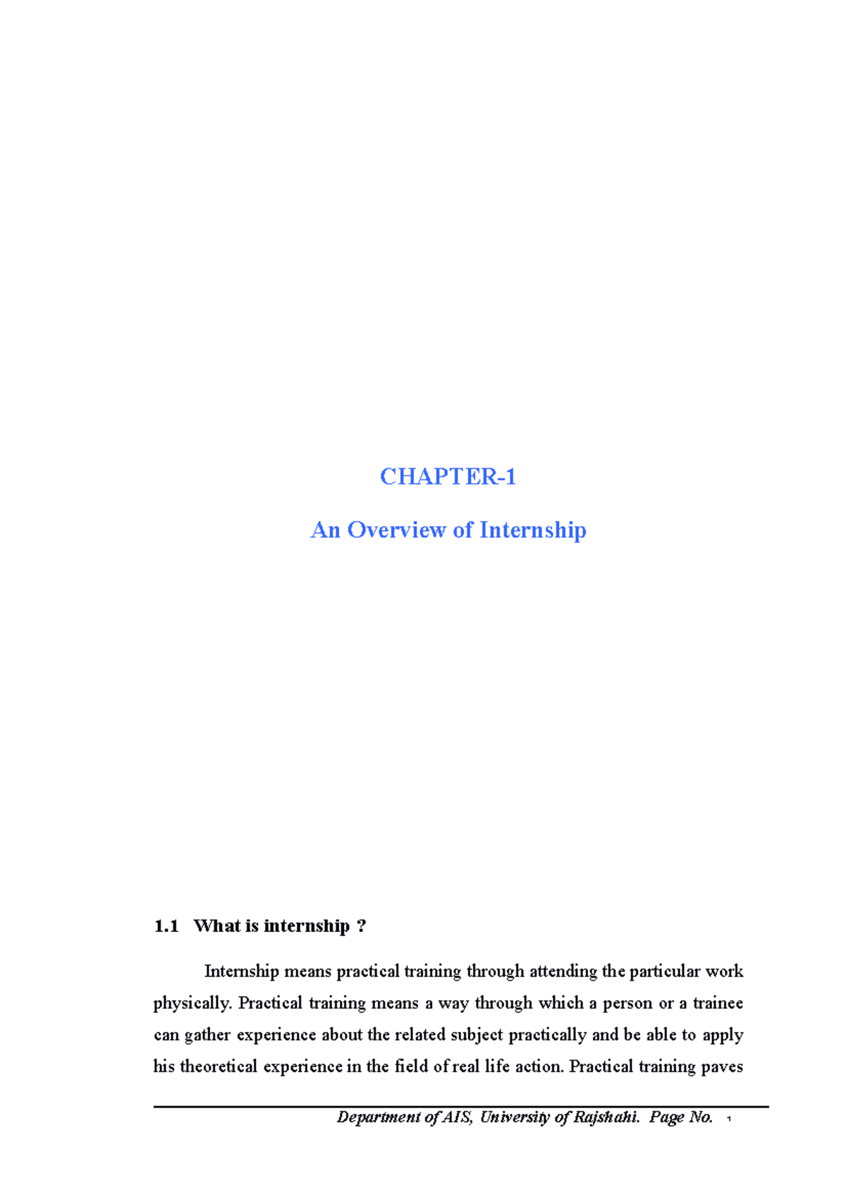 Sheshir - MBA - CHAPTER- An Overview of Internship 1 What is internship ...