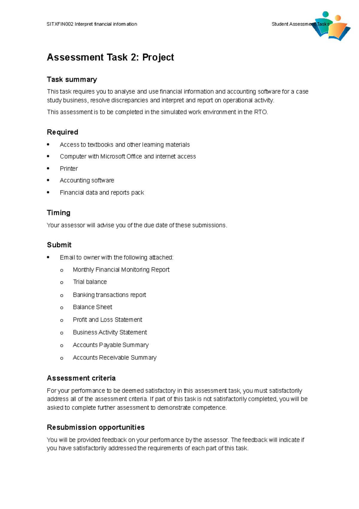 Sitxfin002 Student Assessment Task 2 - Assessment Task 2: Project Task ...