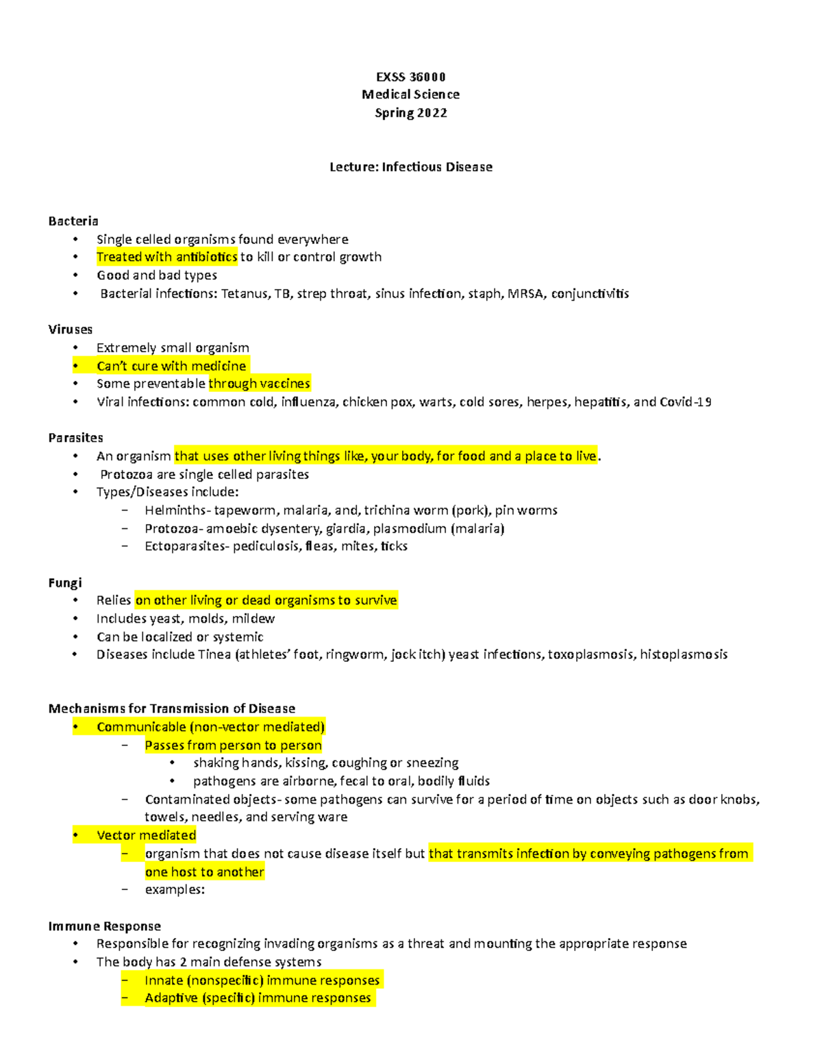 Infectious Disease Notes - EXSS 36000 Medical Science Spring 2022 ...