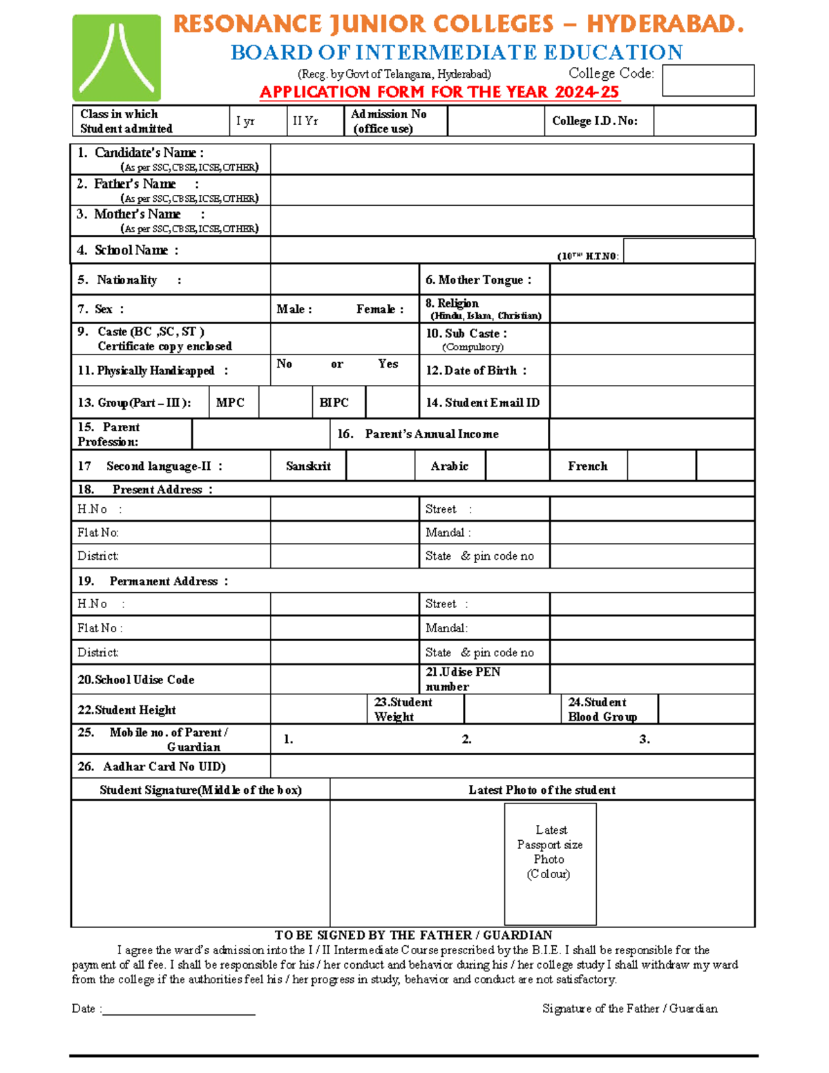 Board Admission FORM- Final-2024-25 - RESONANCE JUNIOR COLLEGES ...