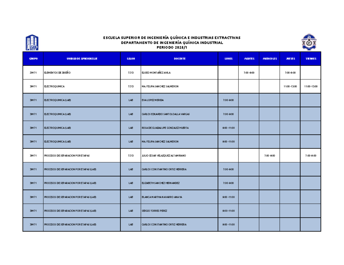 IM7 - Horarios iqi - GRUPO UNIDAD DE APRENDIZAJE SALON DOCENTE LUNES ...