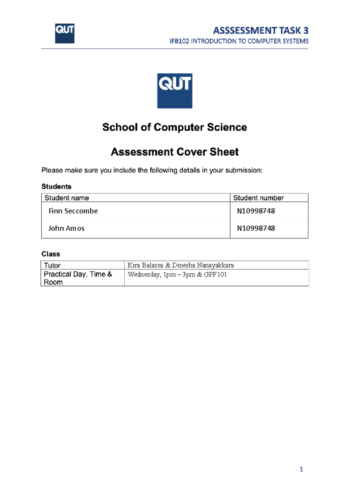 IFB102 Mini Project - Wednesday, 1pm – 3pm & GPF 1 N N John Amos Finn ...