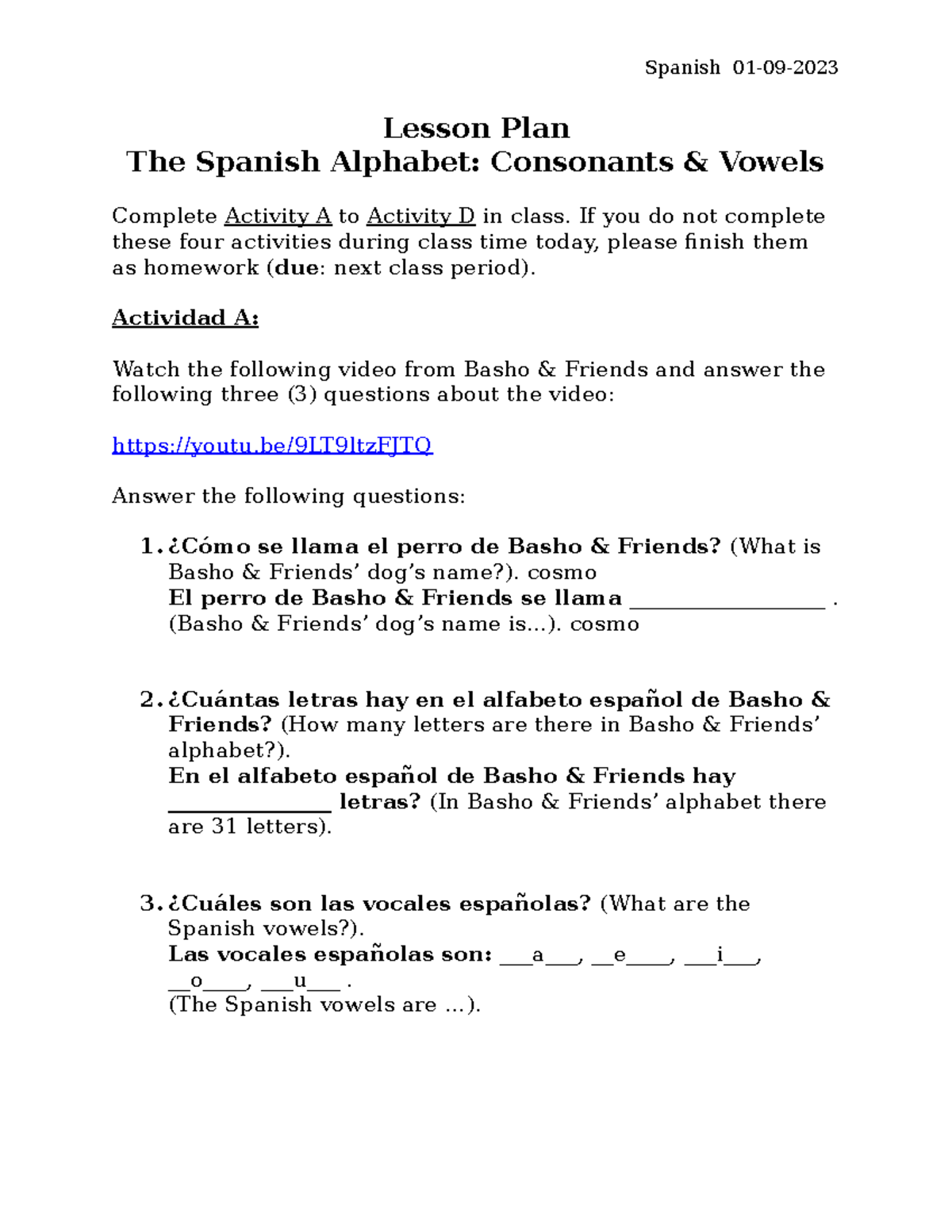 El alfabeto español 1-9-2023 - Lesson Plan The Spanish Alphabet ...