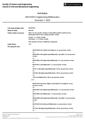 Engineering Mathematics Assignment 1 Curtin - Faculty of Science and ...