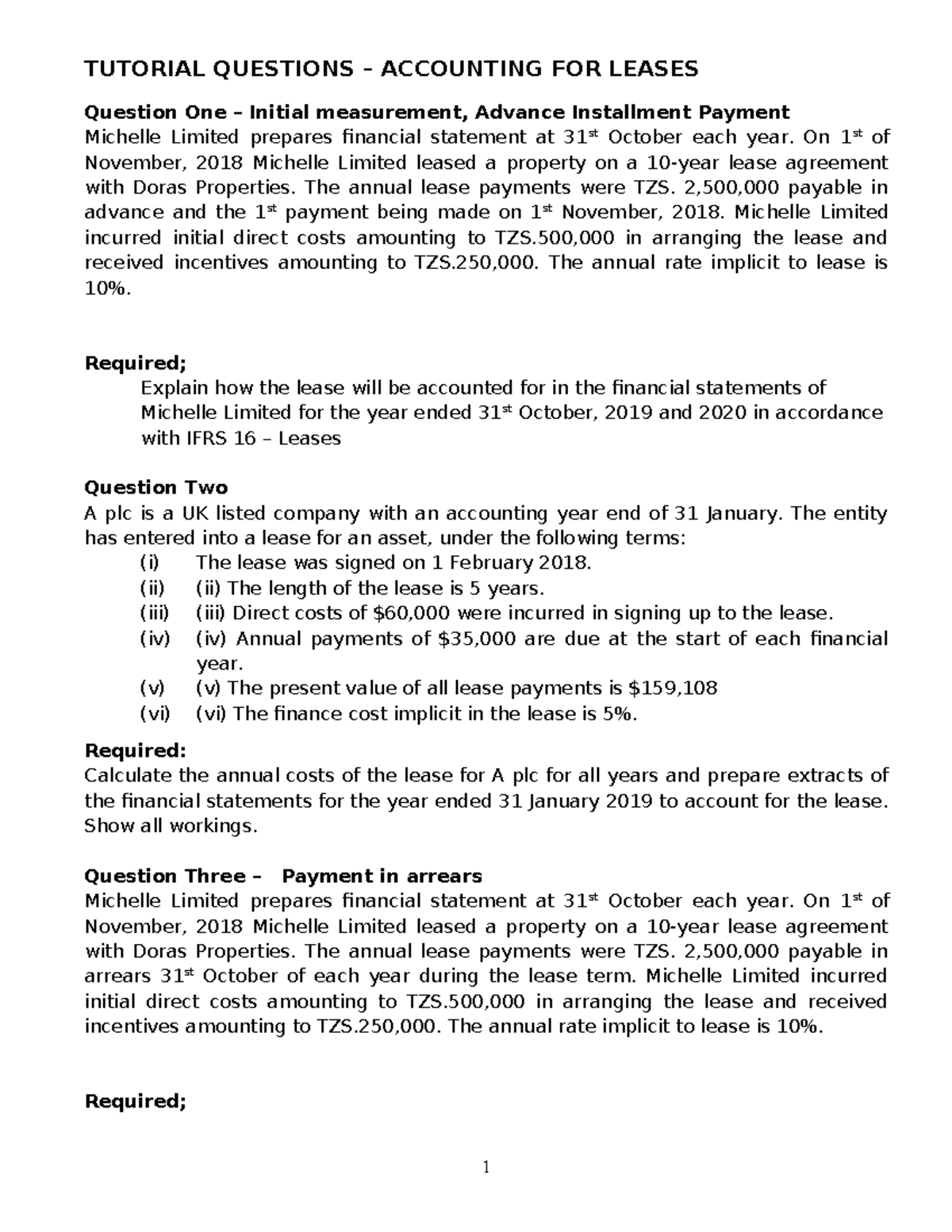 Accounting for Leases - TUTORIAL QUESTIONS – ACCOUNTING FOR LEASES ...