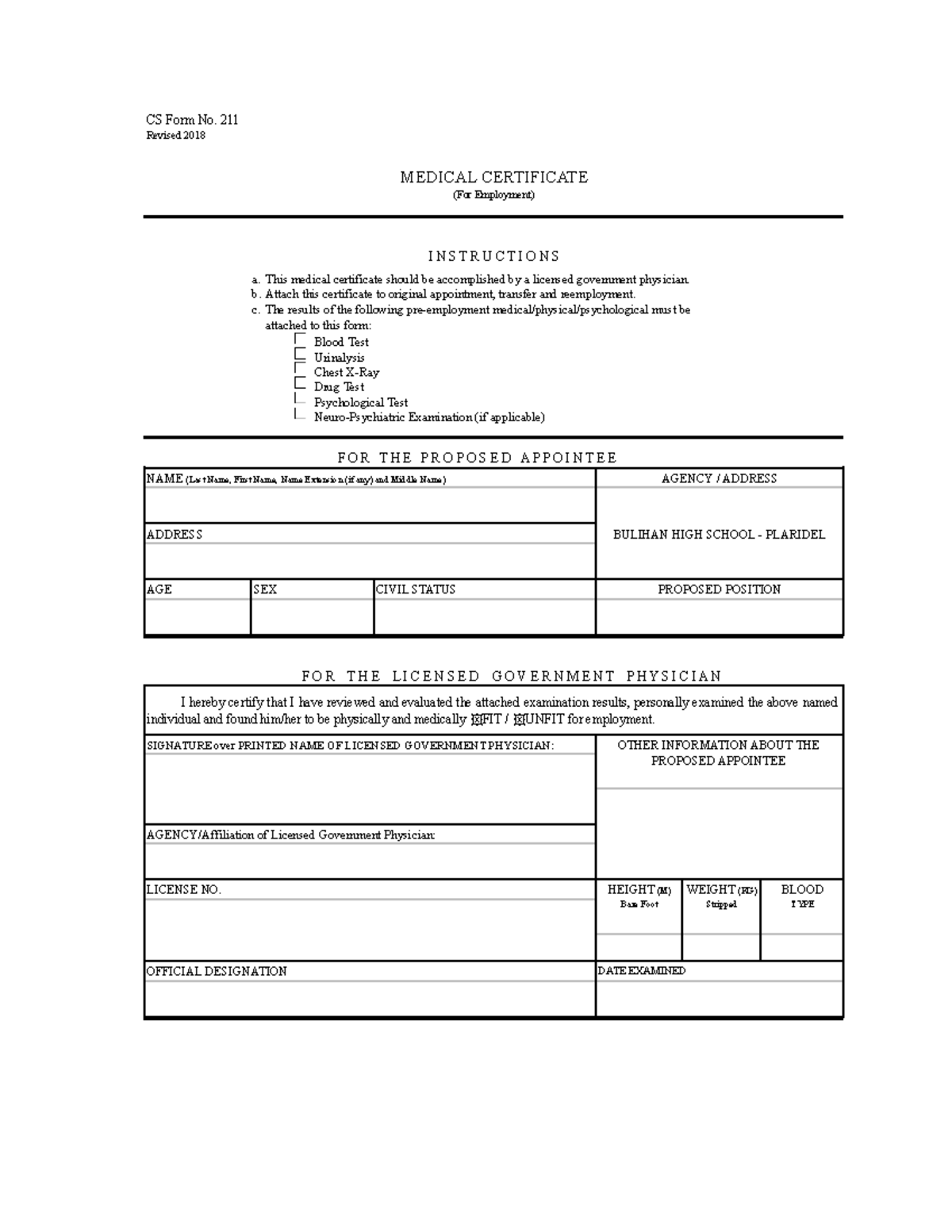 Document - CS Form No. 211 Revised 2018 MEDICAL CERTIFICATE (For ...
