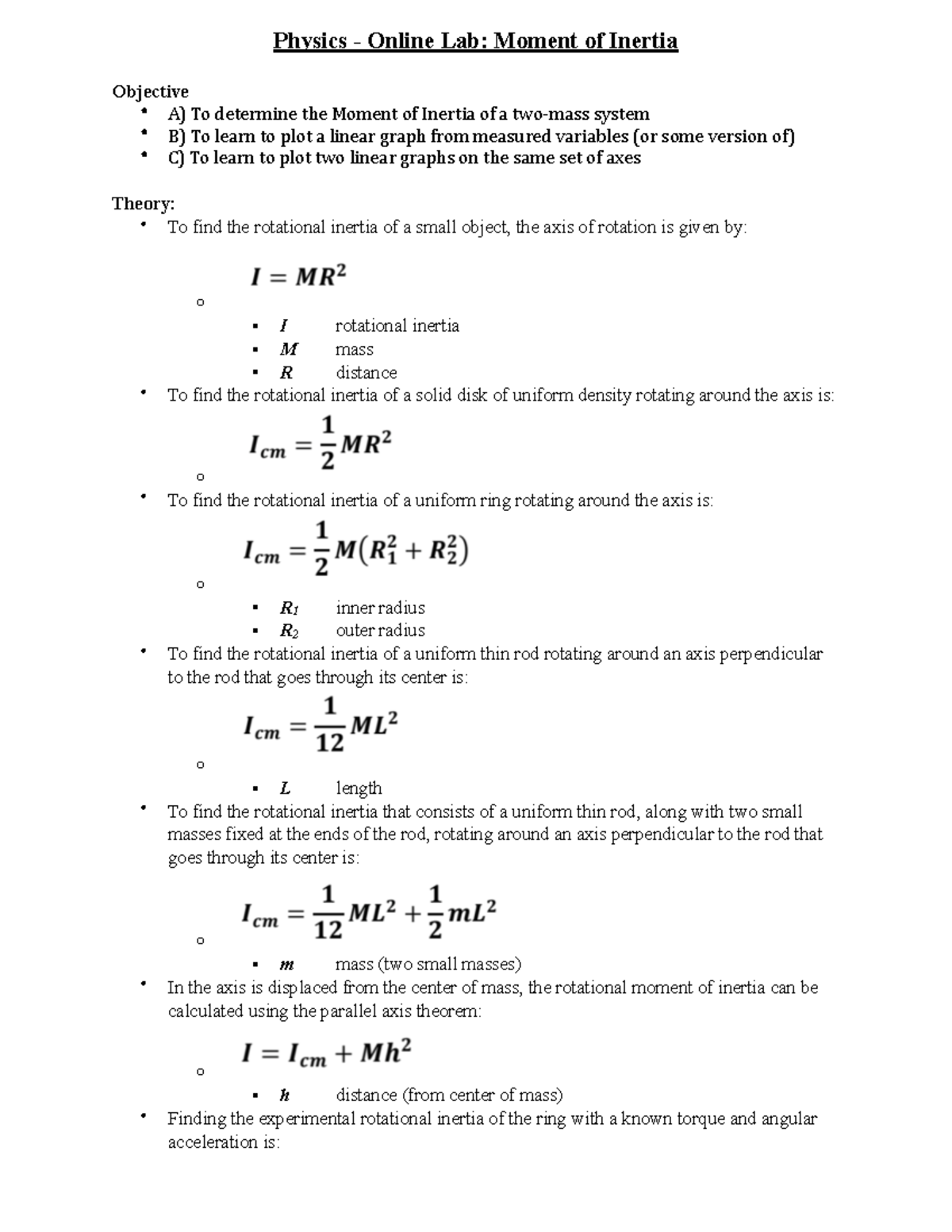 Lab #11 - Moment of Inertia - phys101 - Objective A) To determine the ...