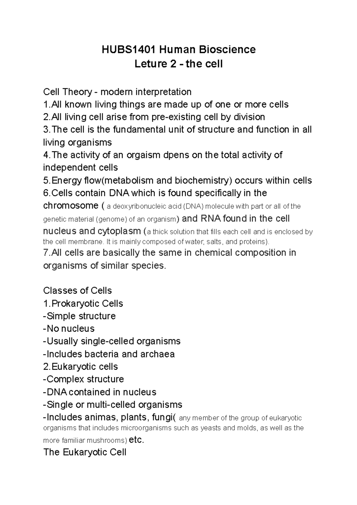 Human Bioscience Lecture note 2 The Cell - HUBS1401 Human Bioscience ...