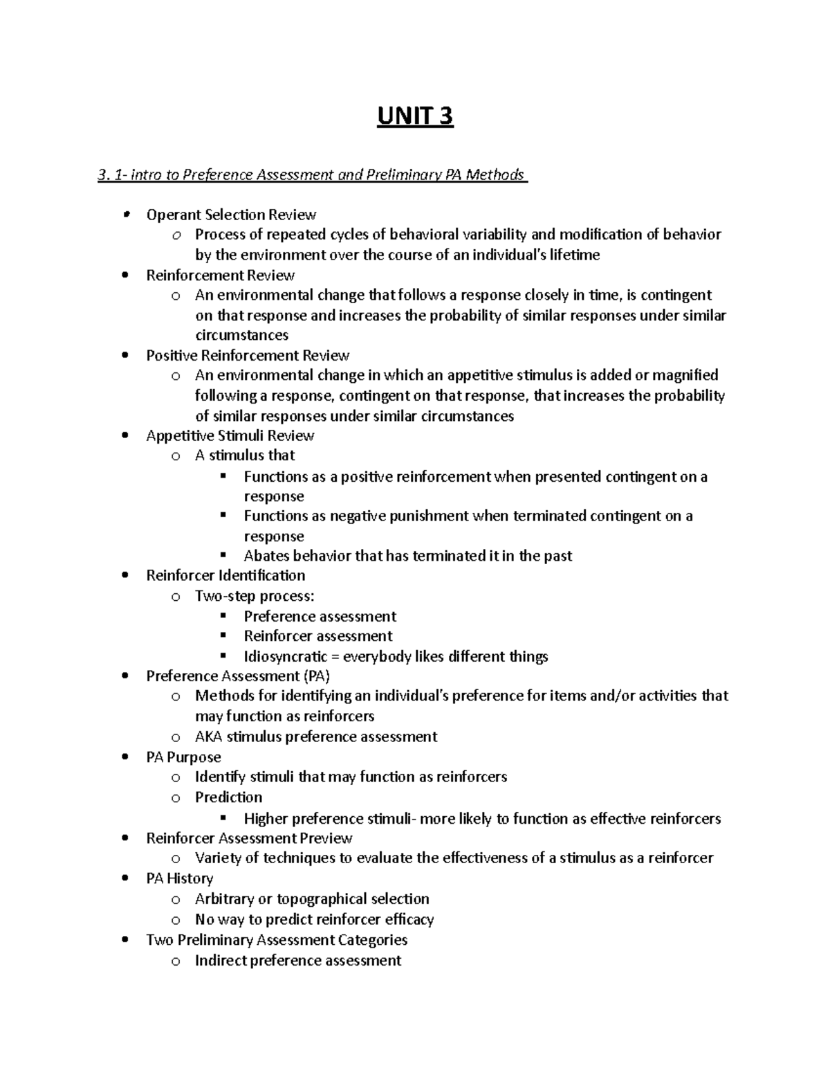 UNIT 3 BEH 5047 FIT - UNIT 3 1- intro to Preference Assessment and ...