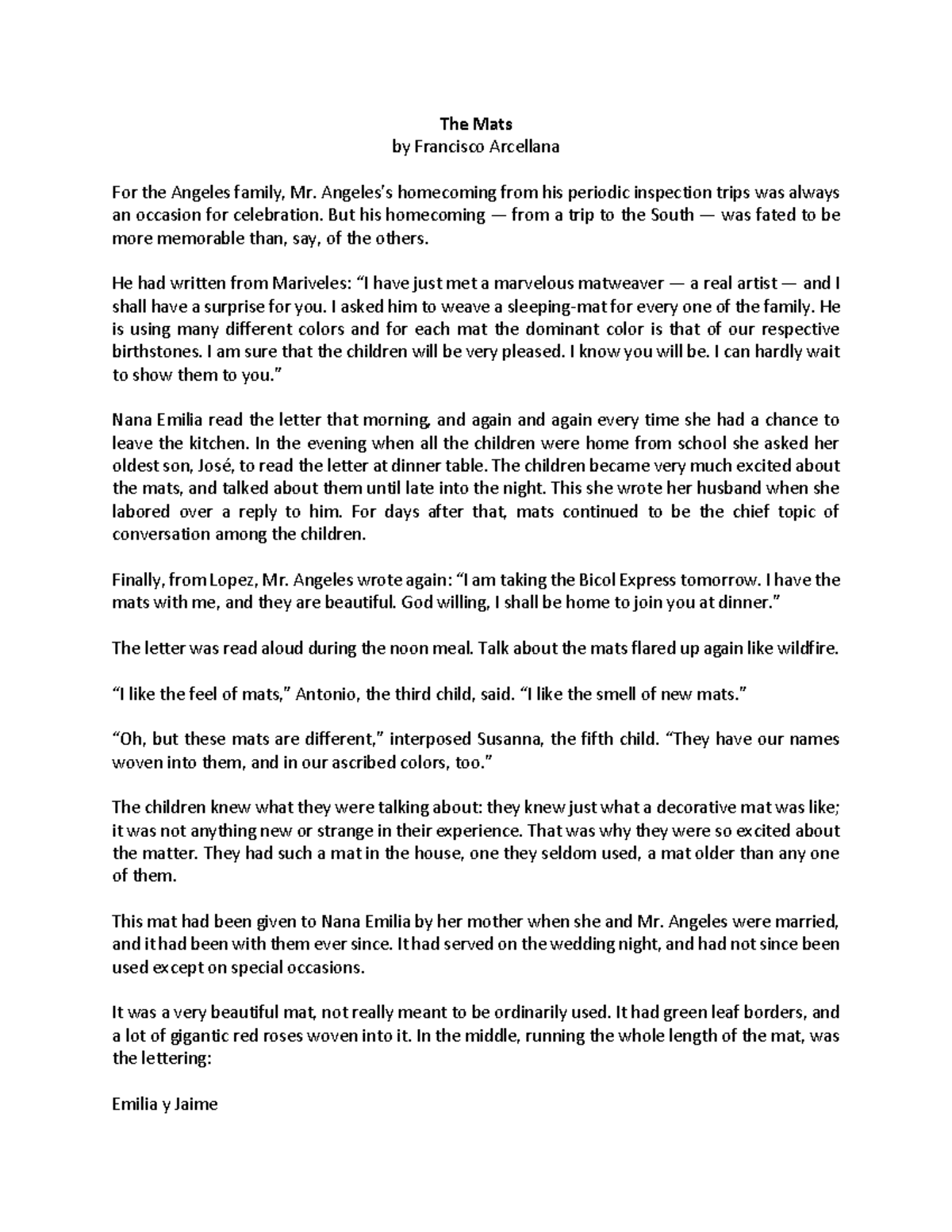 THE-MATS - The Mats by Francisco Arcellana For the Angeles family, Mr ...