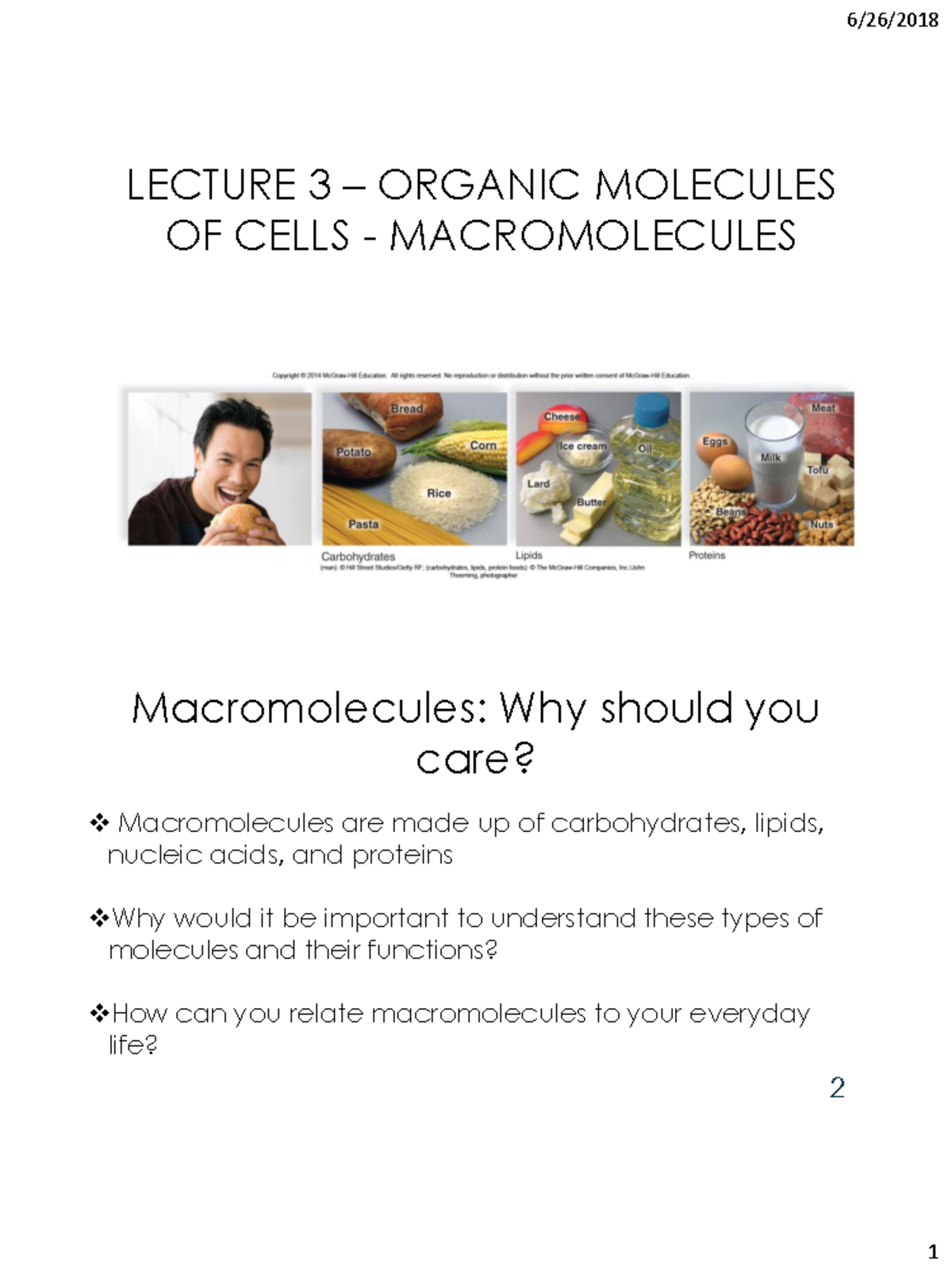 Lecture 3 – Organic Molecules of Cells - Macromolecules 2 per page ...