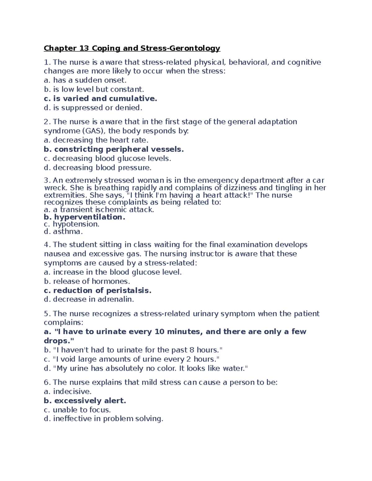 Ch 13 study guide - Chapter 13 Coping and Stress-Gerontology The nurse ...