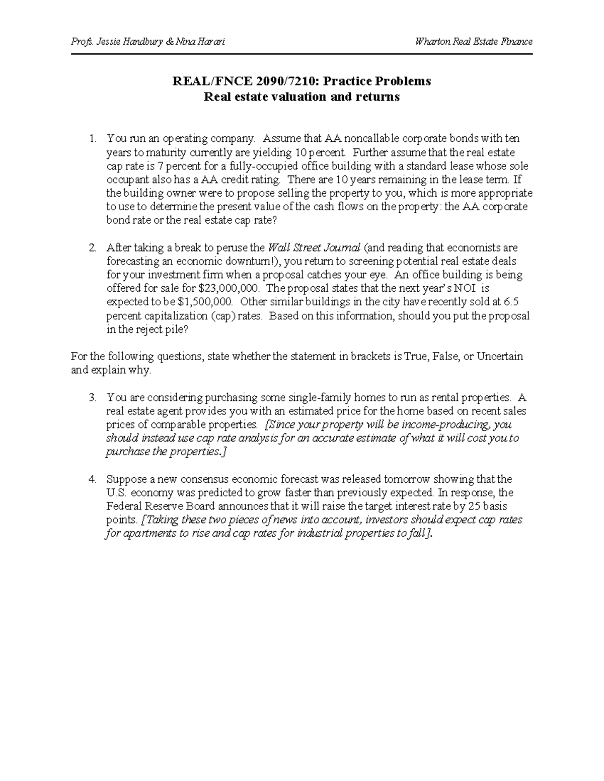 Practice problems - Real estate valuation and returns - Profs. Jessie ...