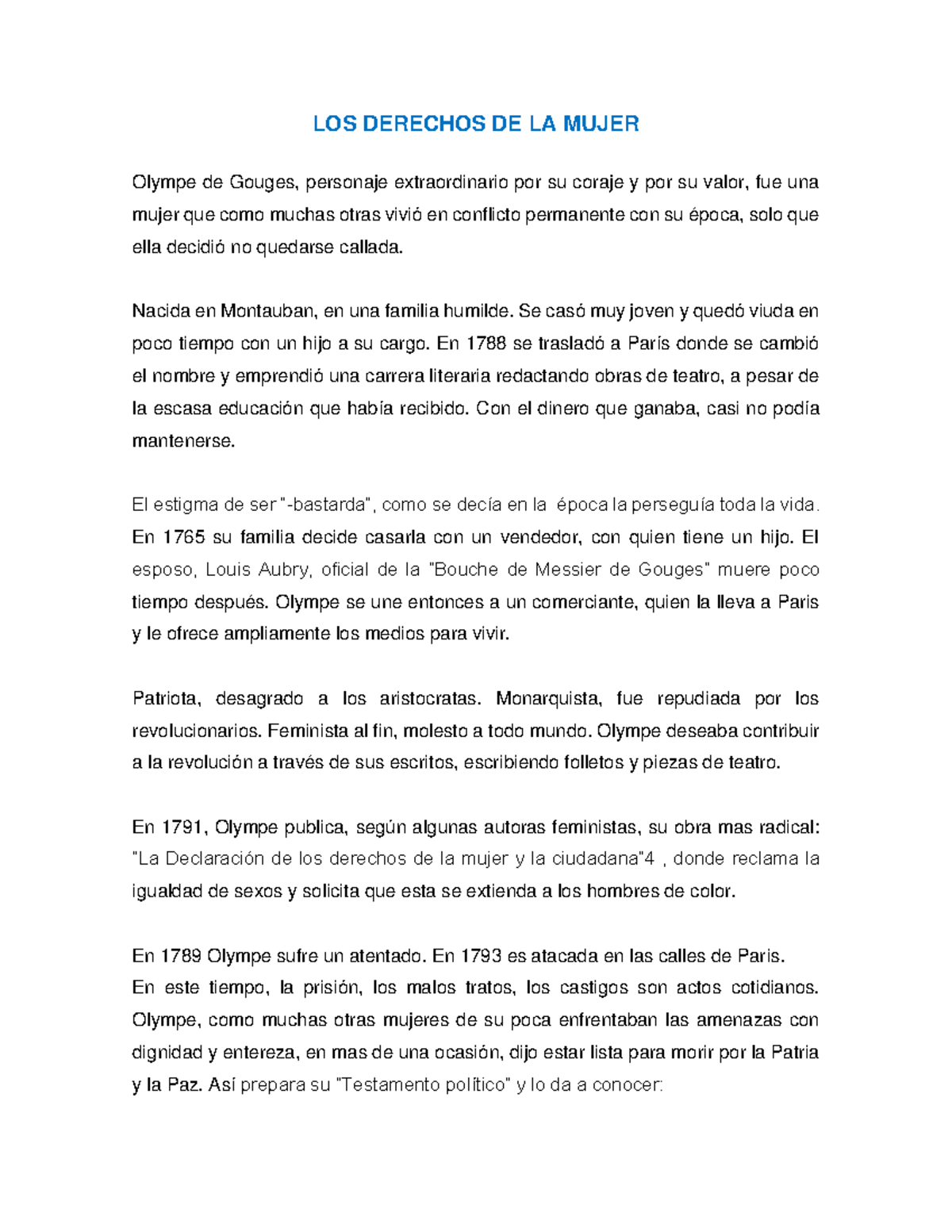 LOS Derechos DE LA Mujer - LOS DERECHOS DE LA MUJER Olympe de Gouges ...