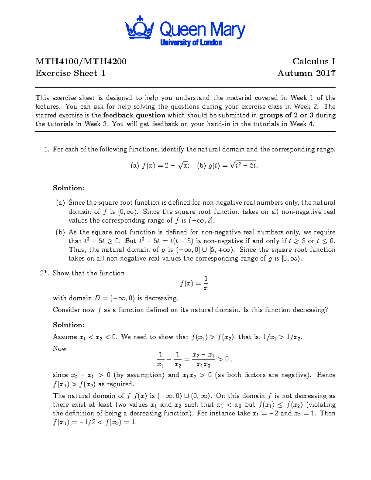 MTH4100 2017-2018 Assignment 1 - Solutions - MTH4100/MTH4200 Calculus I ...