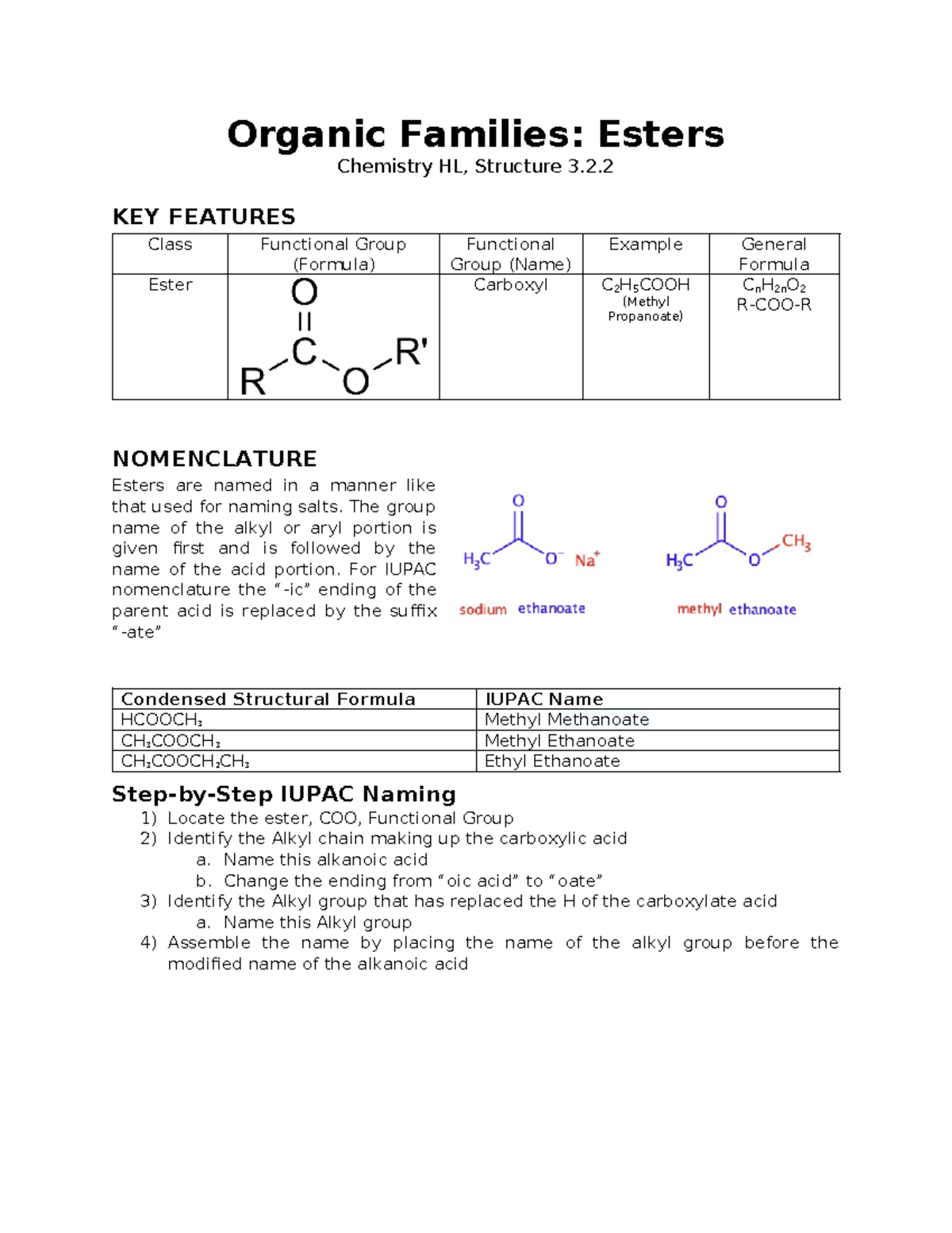 Organic Families Esters - Organic Families: Esters Chemistry HL, Structure 3. KEY FEATURES Class ...