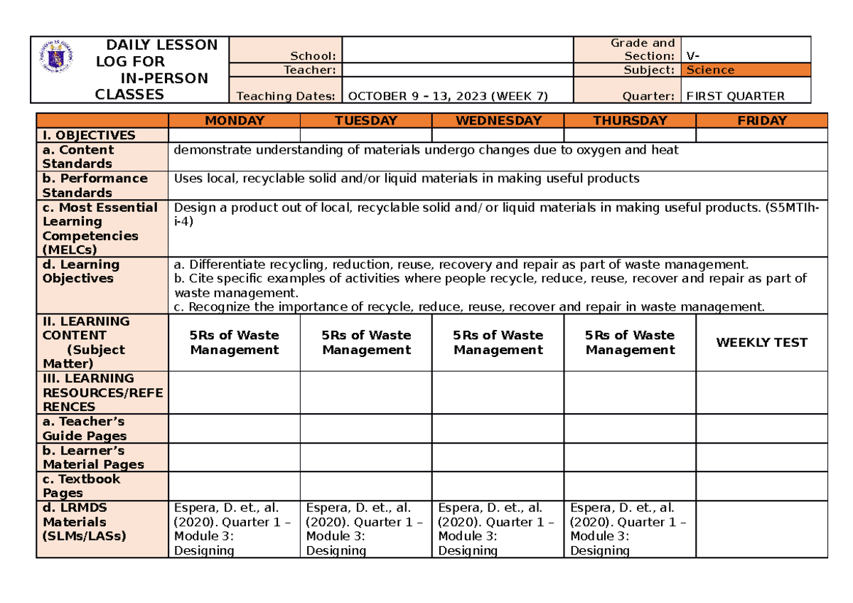 W7 Science - dll - DAILY LESSON LOG FOR IN-PERSON CLASSES School: Grade ...