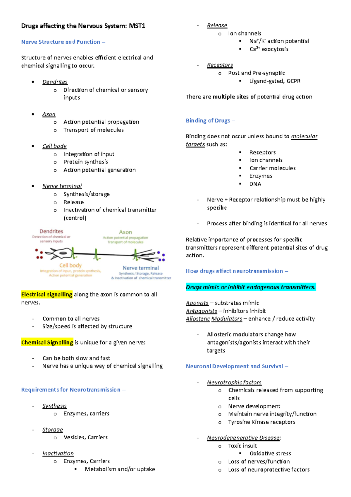 PHRM30002 MST1 Notes - Drugs affecting the Nervous System: MST Nerve ...