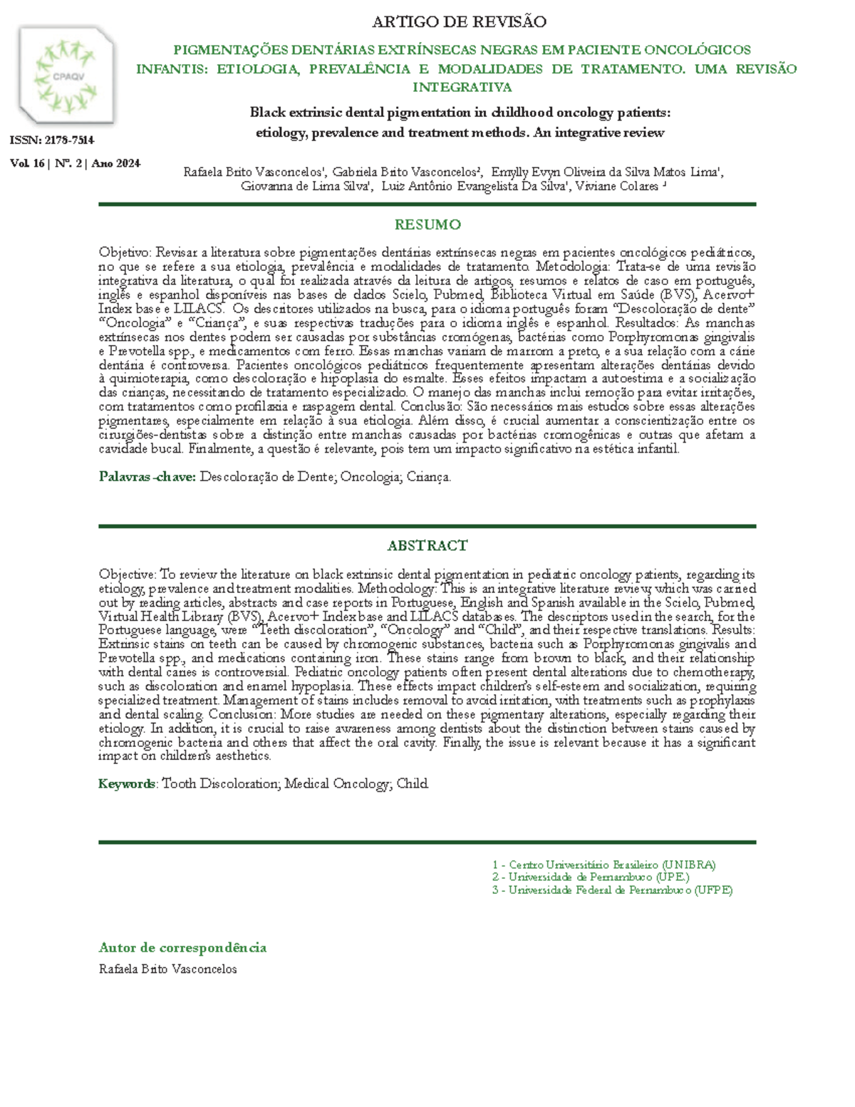 2188+ Brito+ Vasconcelos+ Pigmentacoes+ Dentarias - ARTIGO DE REVISÃO ISSN: 2178- Vol. 16| Nº. 2 ...