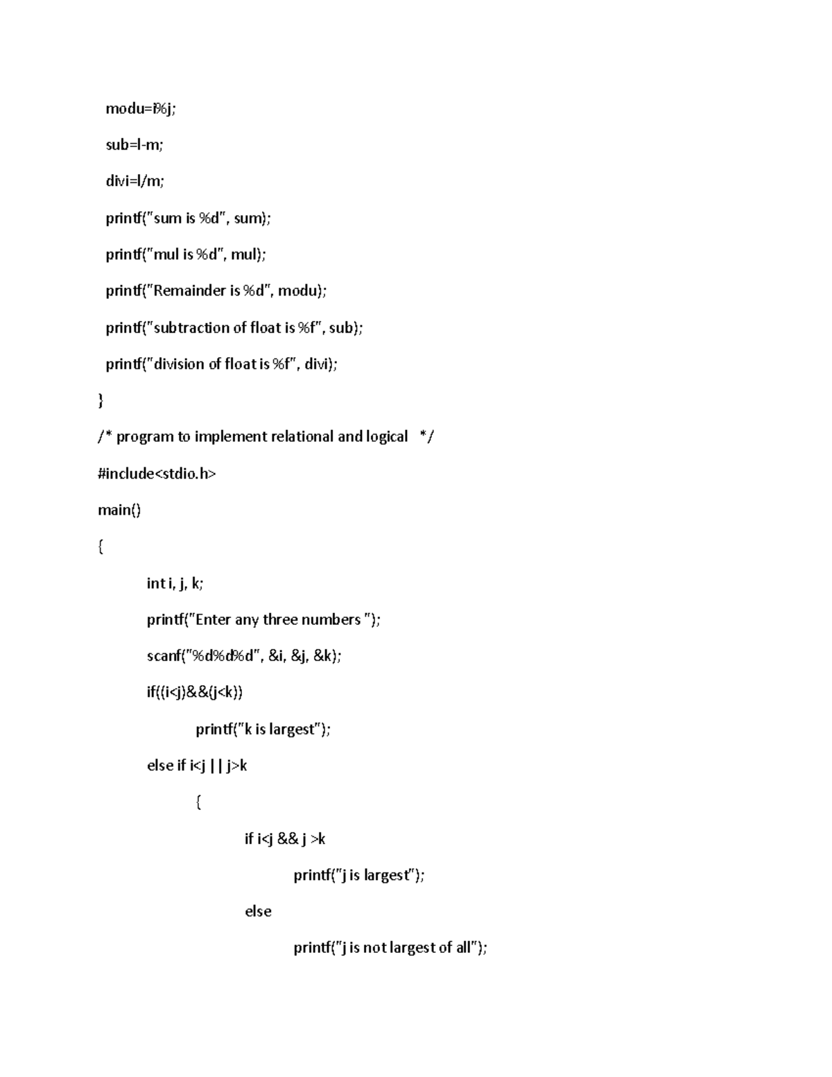 Programming for Problem Solving-26-50 - modu=i%j; sub=l-m; divi=l/m ...