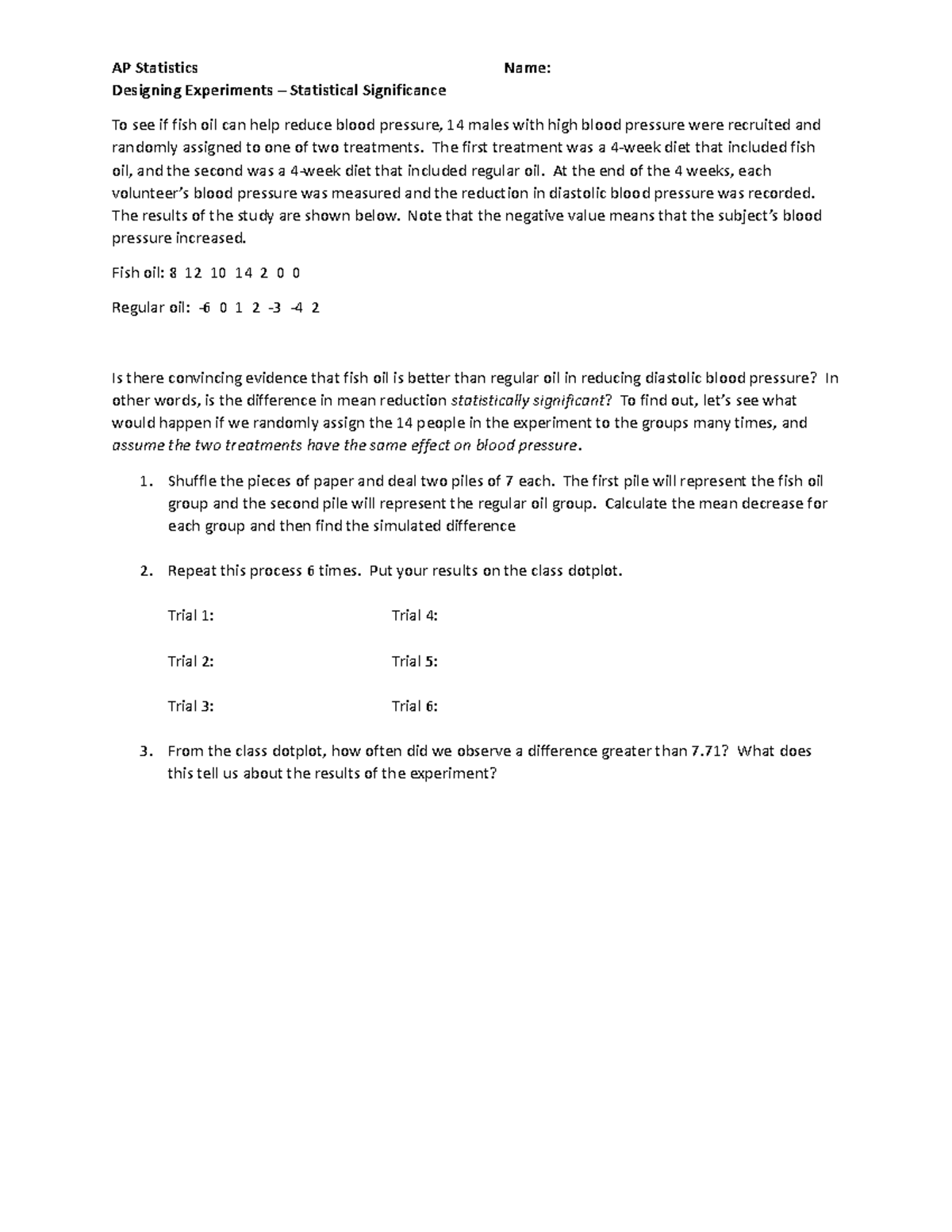 Statistical significance simulation activity - AP Statistics Name ...