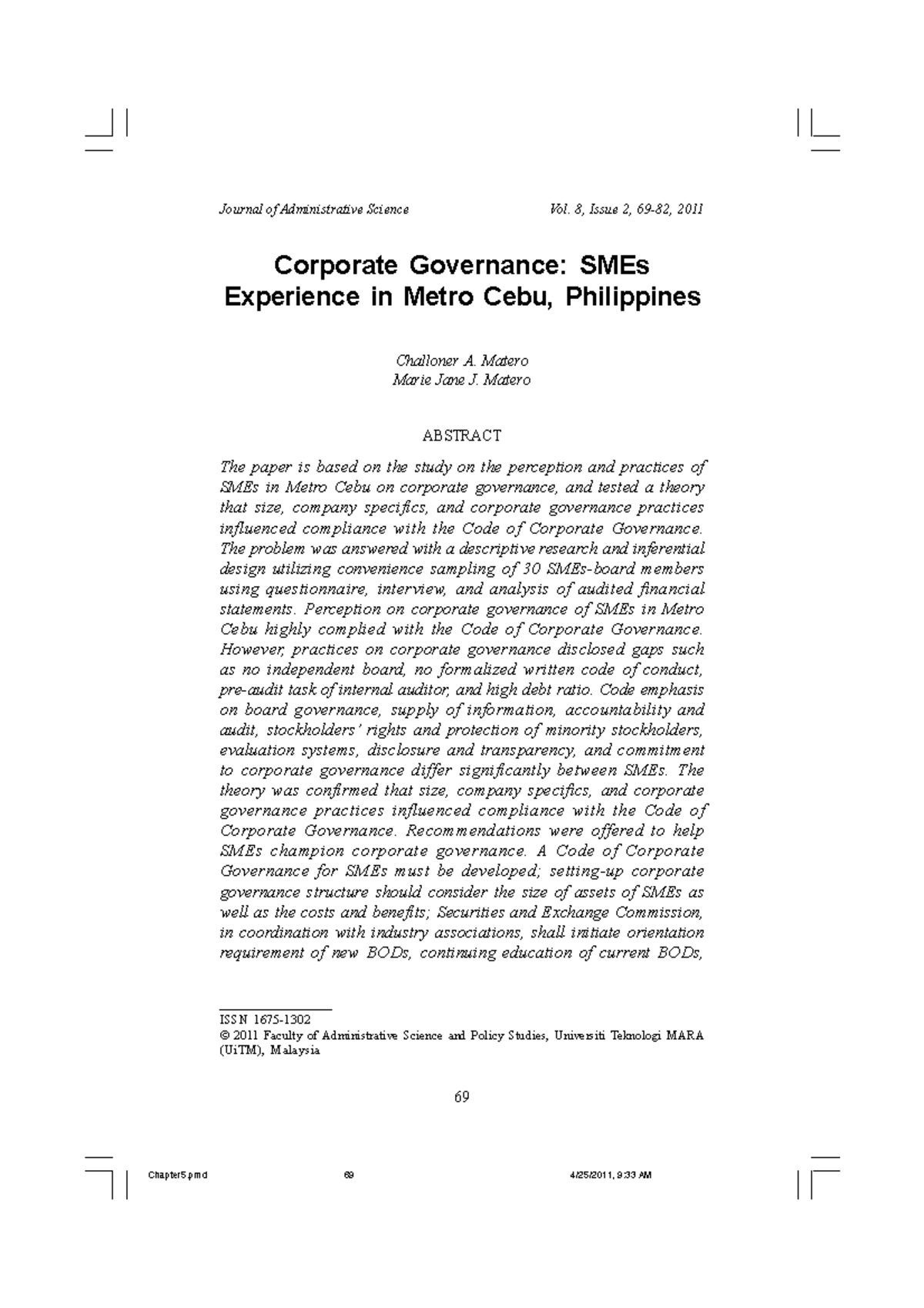 Corporate Governance SMEs Expeience in Metro Cebu - 69 Corporate ...