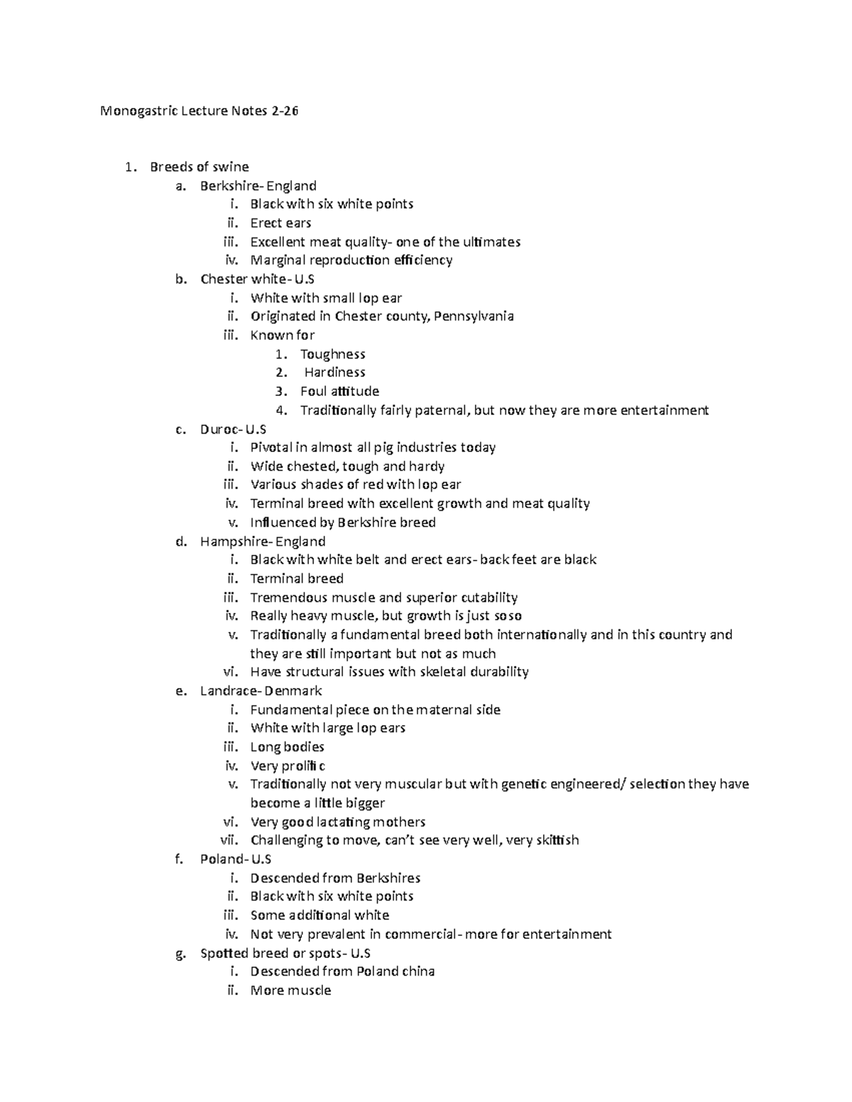 Monogastric Lecture Notes 2-26 - Breeds of swine a. Berkshire- England ...